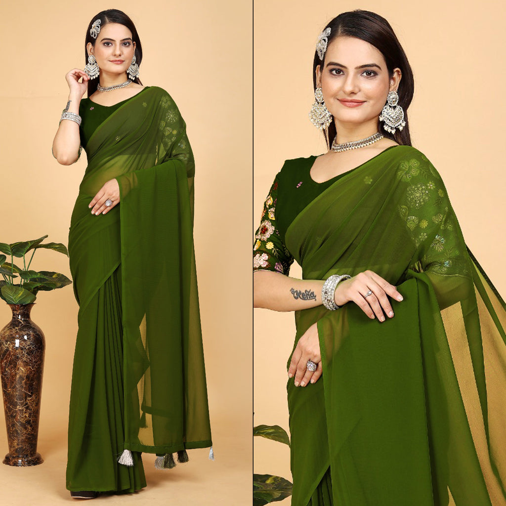 Green Solid Georgette Saree With Tassels
