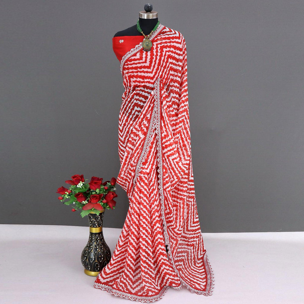 Red Zig Zag Printed Georgette Saree With Sequins Embroidered Border