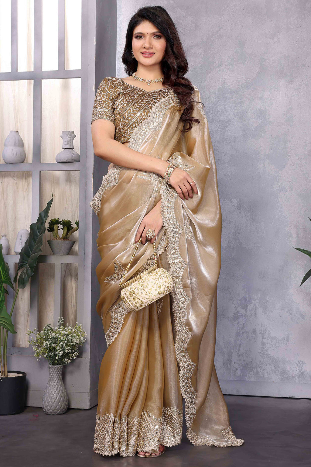 Chikoo Floral Sequins Embroidered Shimmer Chiffon Saree