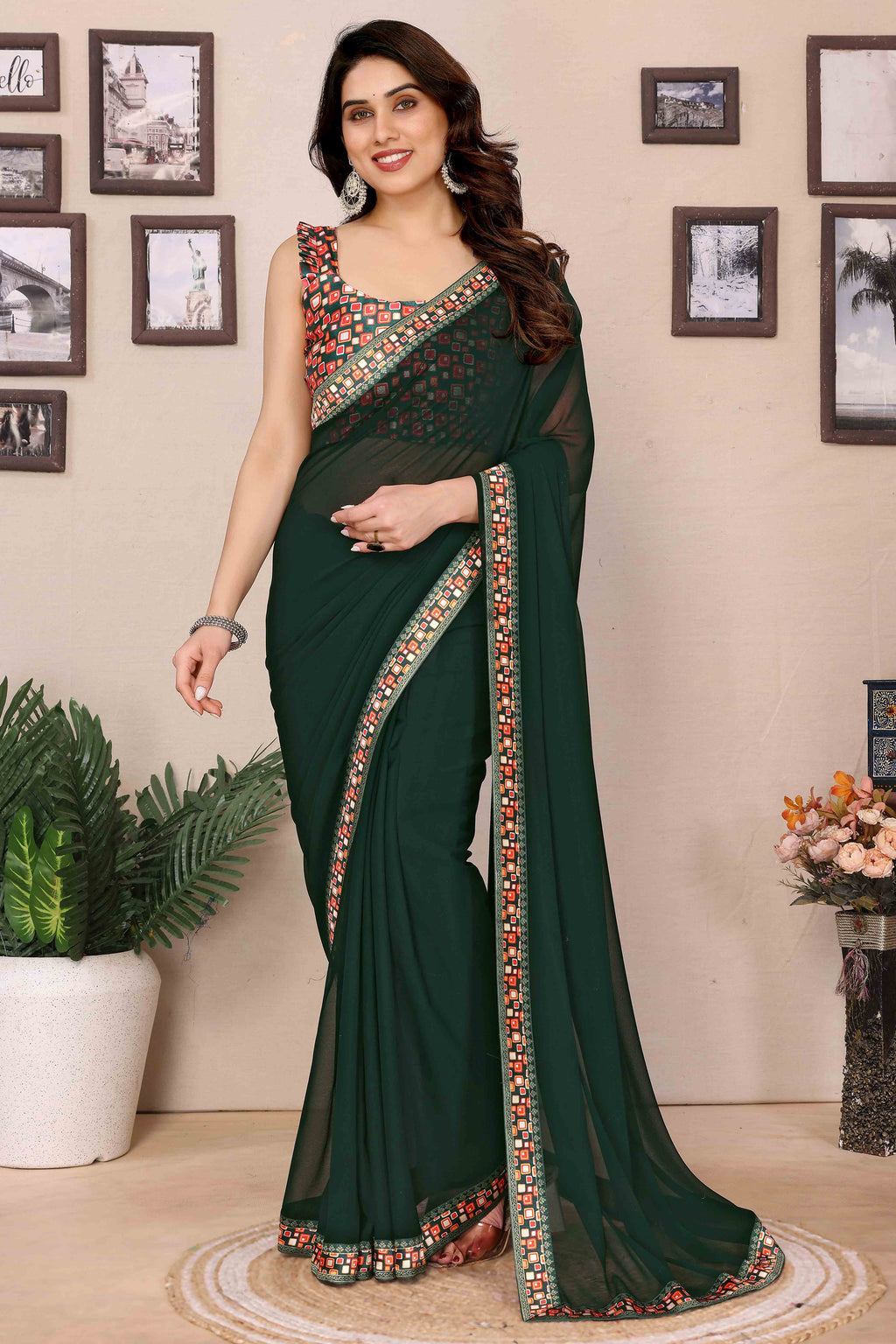 Green Solid Georgette Saree With Printed Border