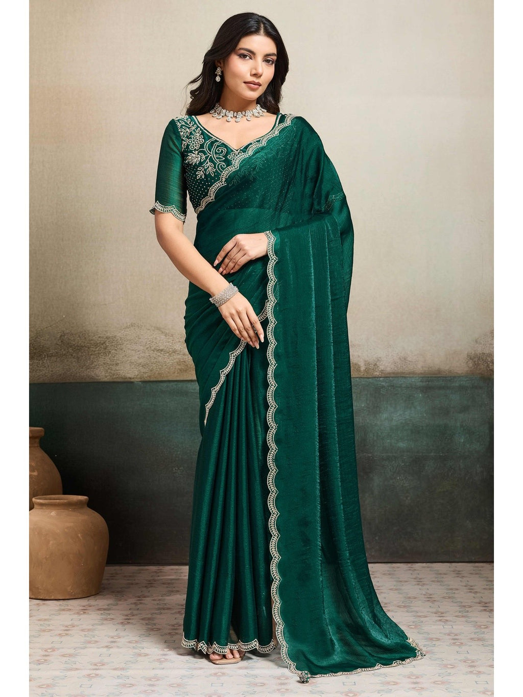 Elegant Bottle Green Solid Organza Chiffon Silk Saree Highlighted With