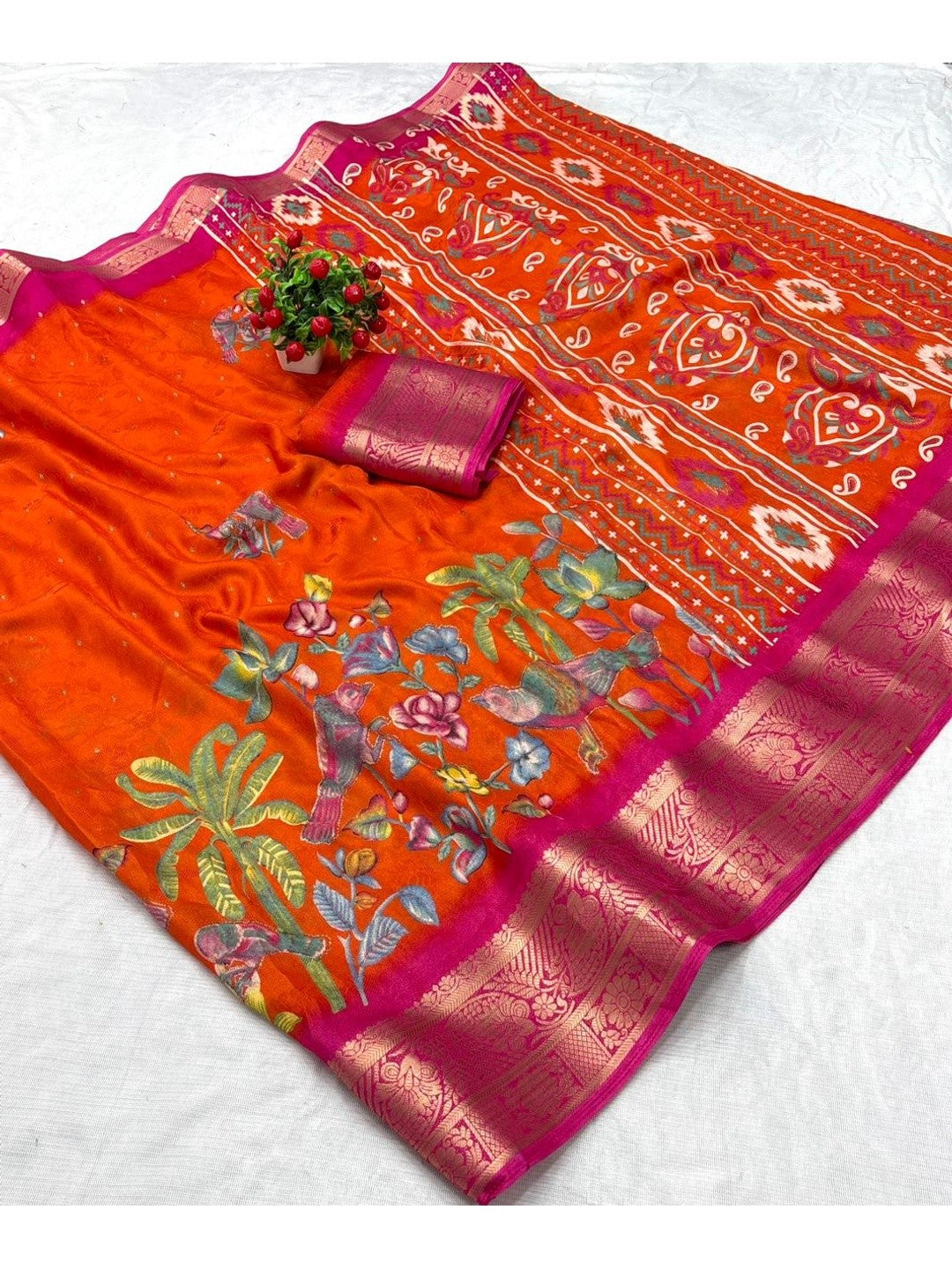 Orange Printed Dola Silk Saree with Intricate Jacquard Woven Border fo