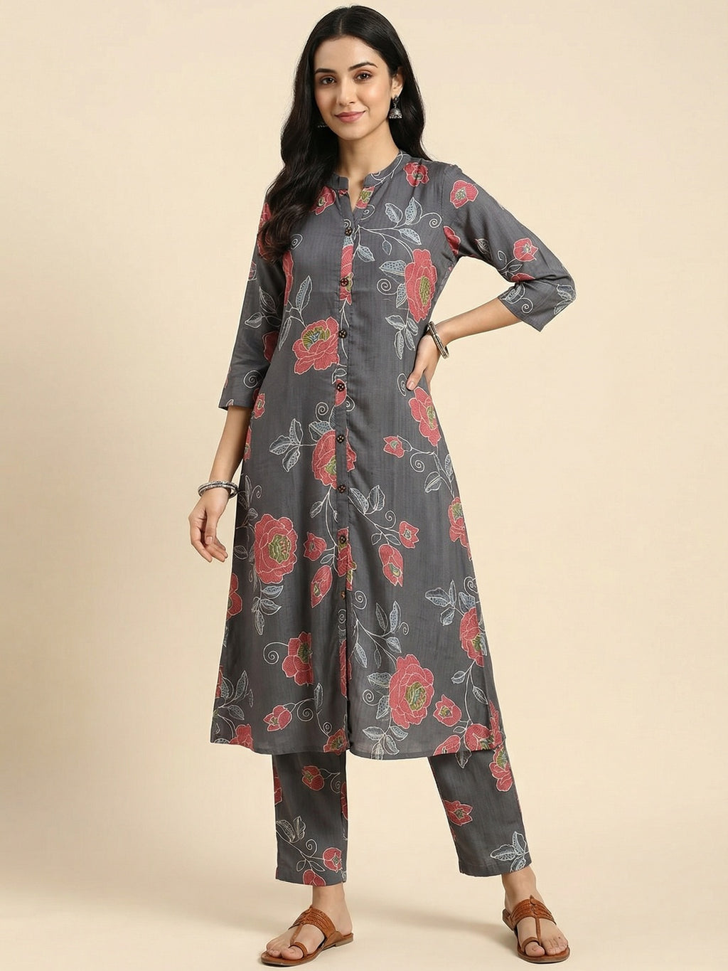 Grey Floral Printed Viscose A-Line Top Bottom Set by Aariya Designs