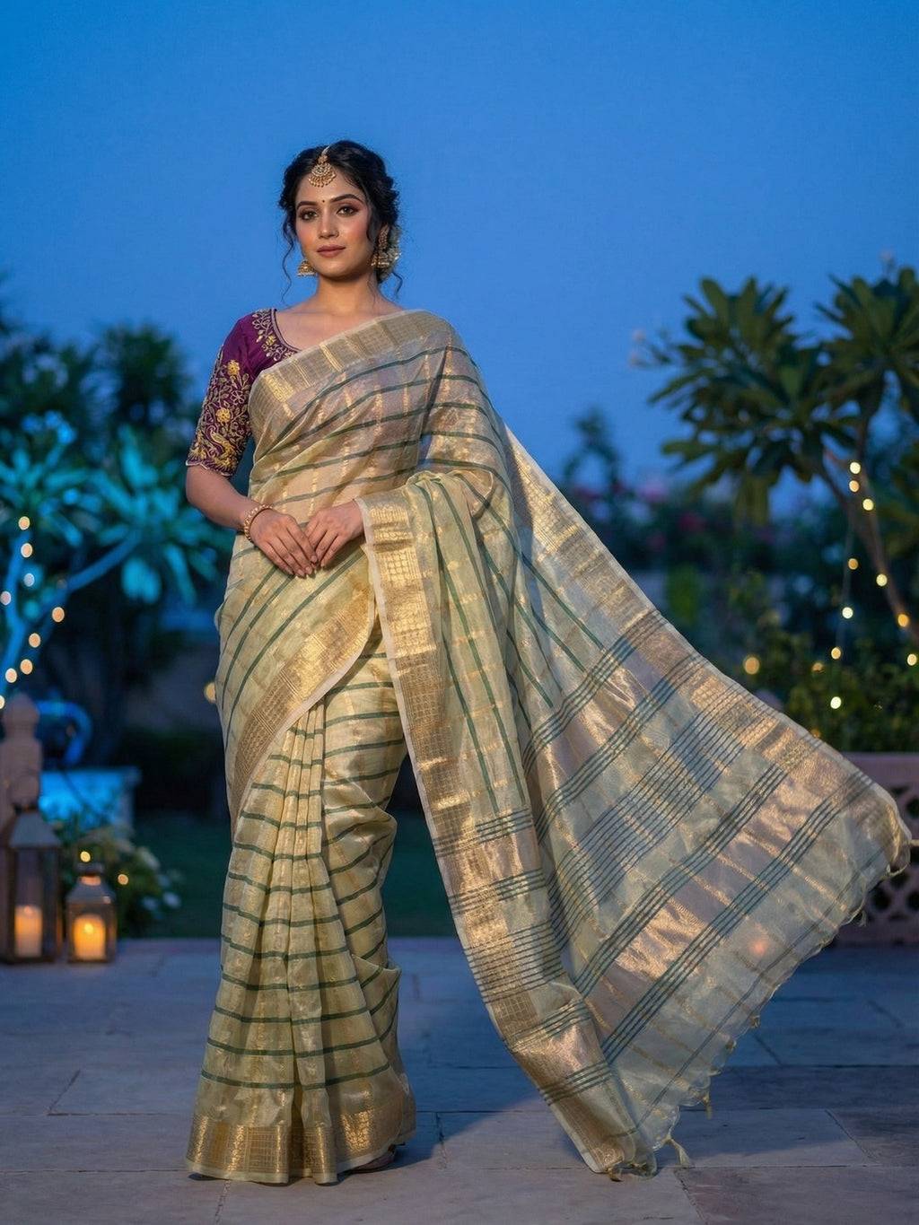 Green Zari Woven Tissue Saree with Smooth Fabric Fall and Detailed Wov
