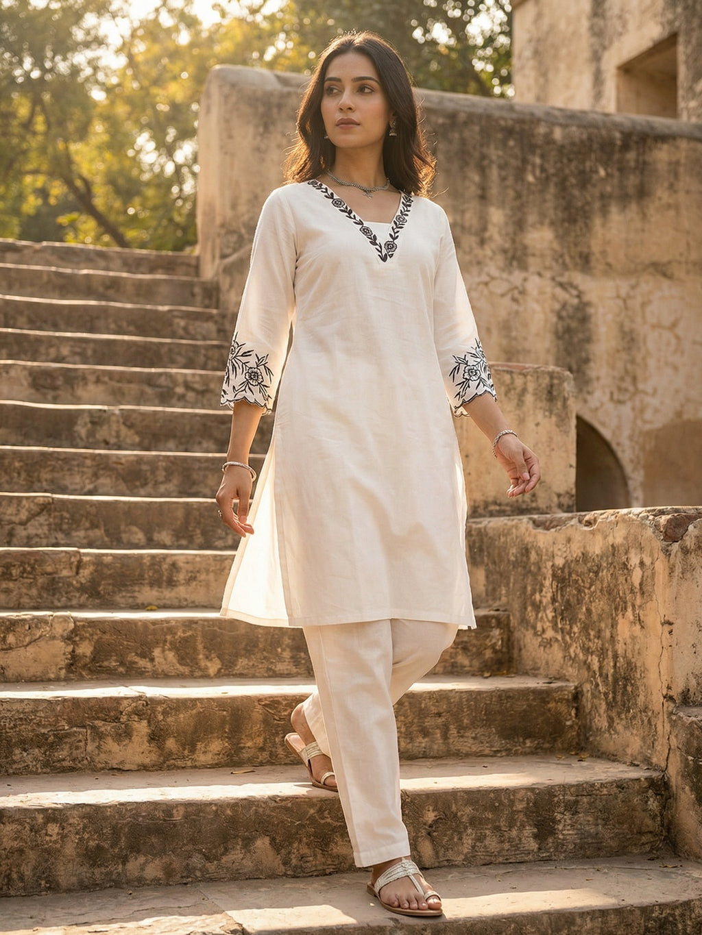 White Pure Cotton Top Bottom Set with Embroidery and Clean Elegant Sty