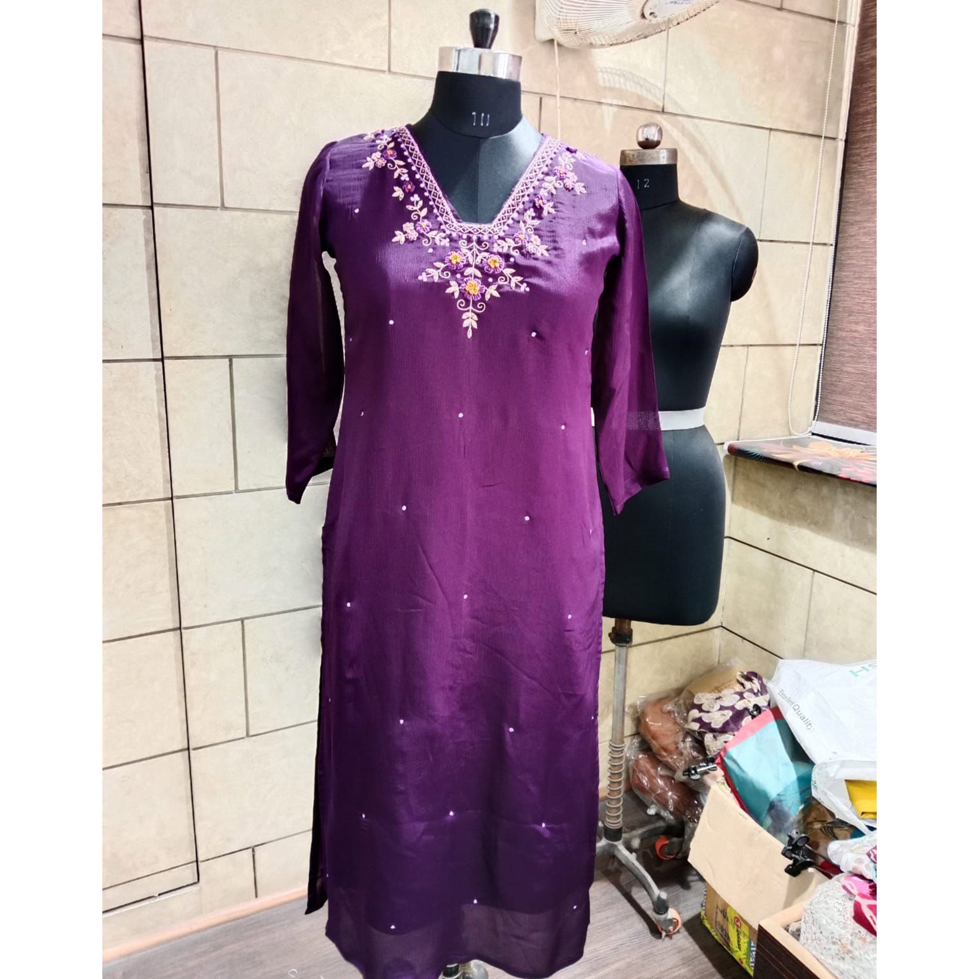 Purple Embroiderd Chinon Straight Salwar Suit
