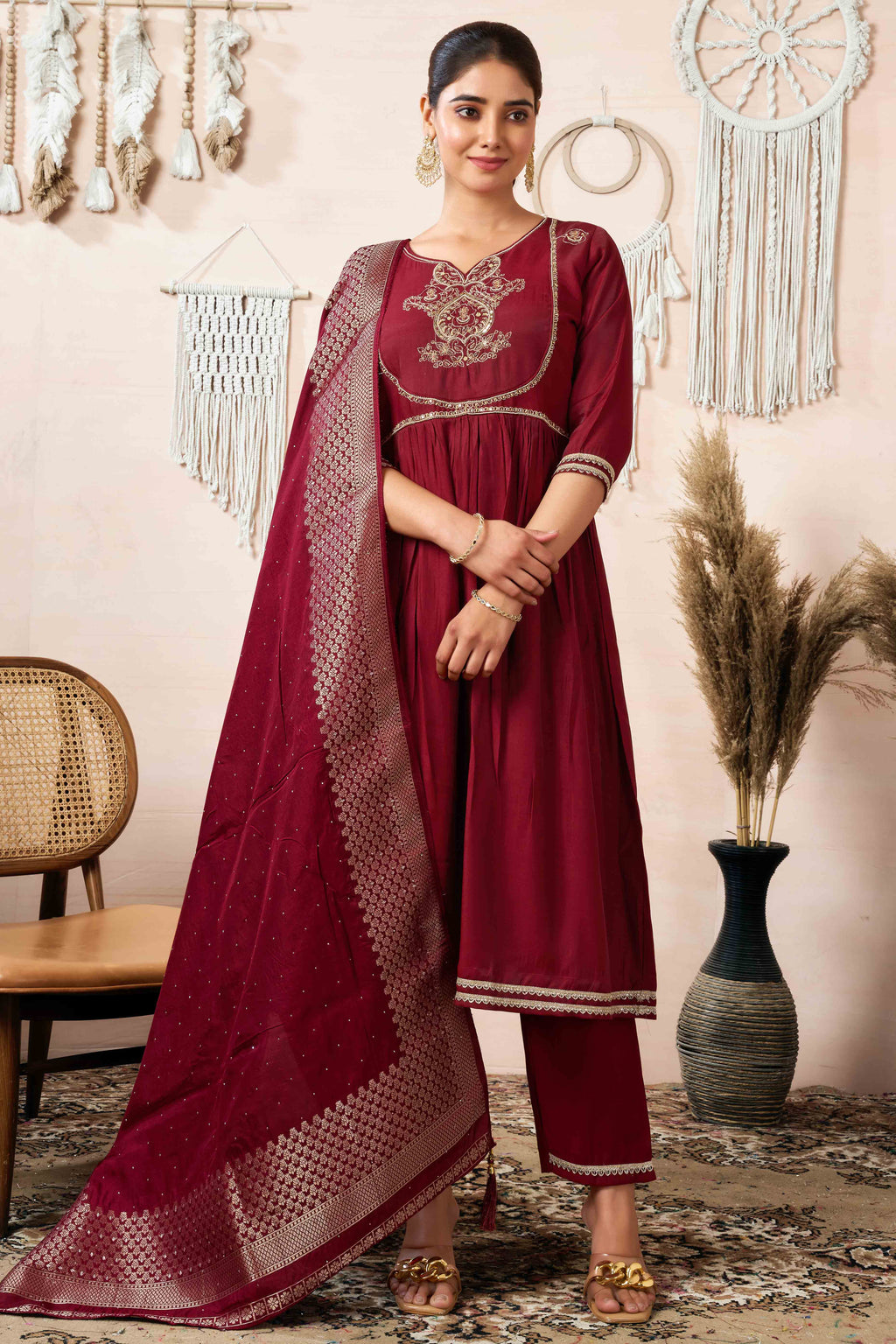 Maroon Sequins Embroidered Cotton Silk Anarkali Salwar Suit