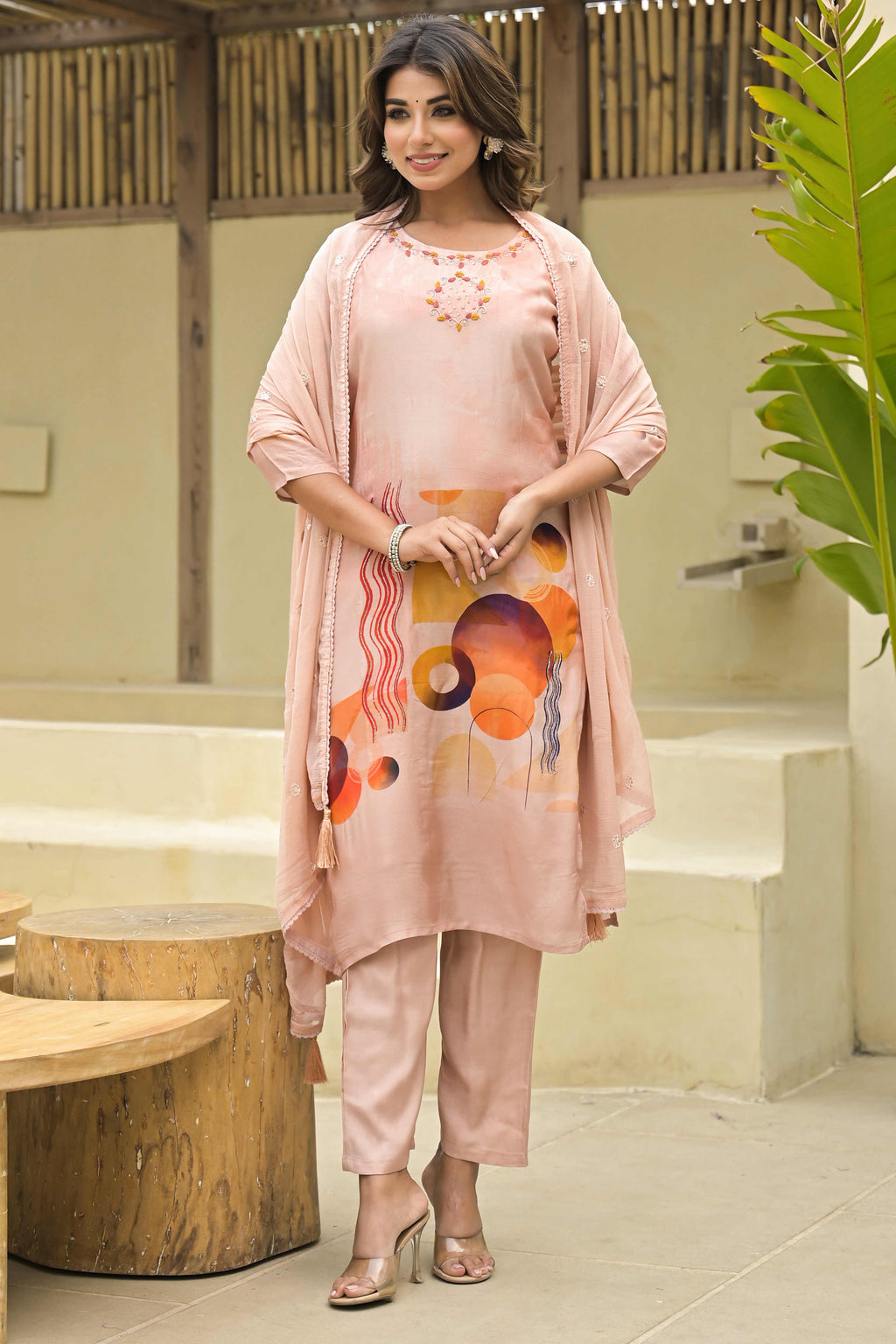 Coral Peach Geometric Pattern Muslin Straight Salwar Suit With Handwor