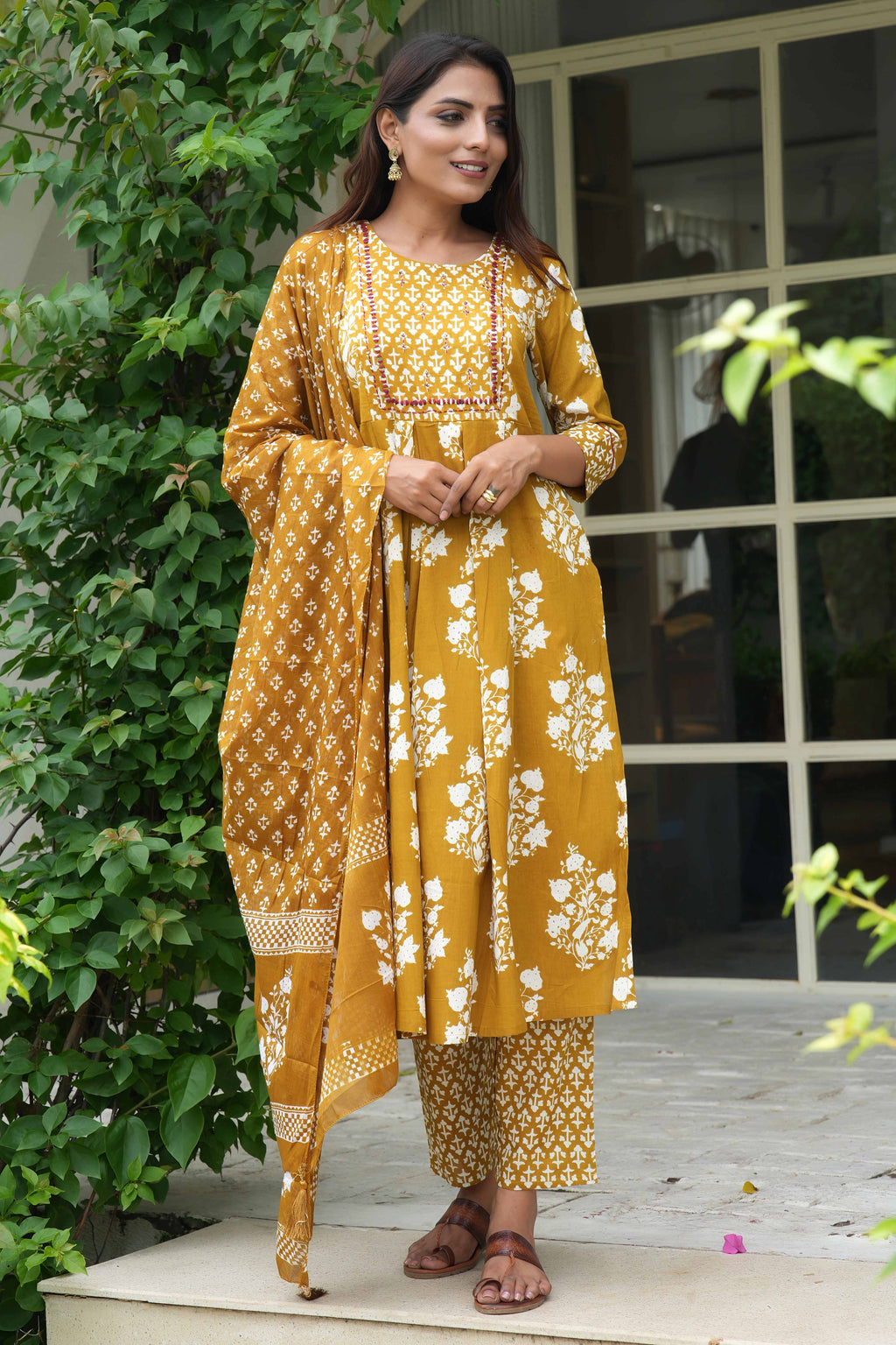 Radiant Mustard A Line Suit Adorned with Mirror & Sequin Embroidery El