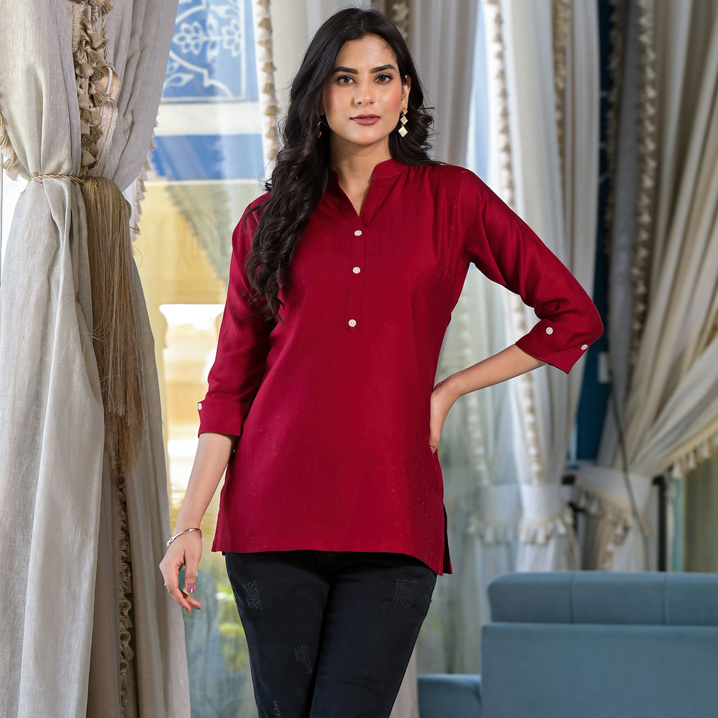 Maroon Solid Cotton Silk Straight Top