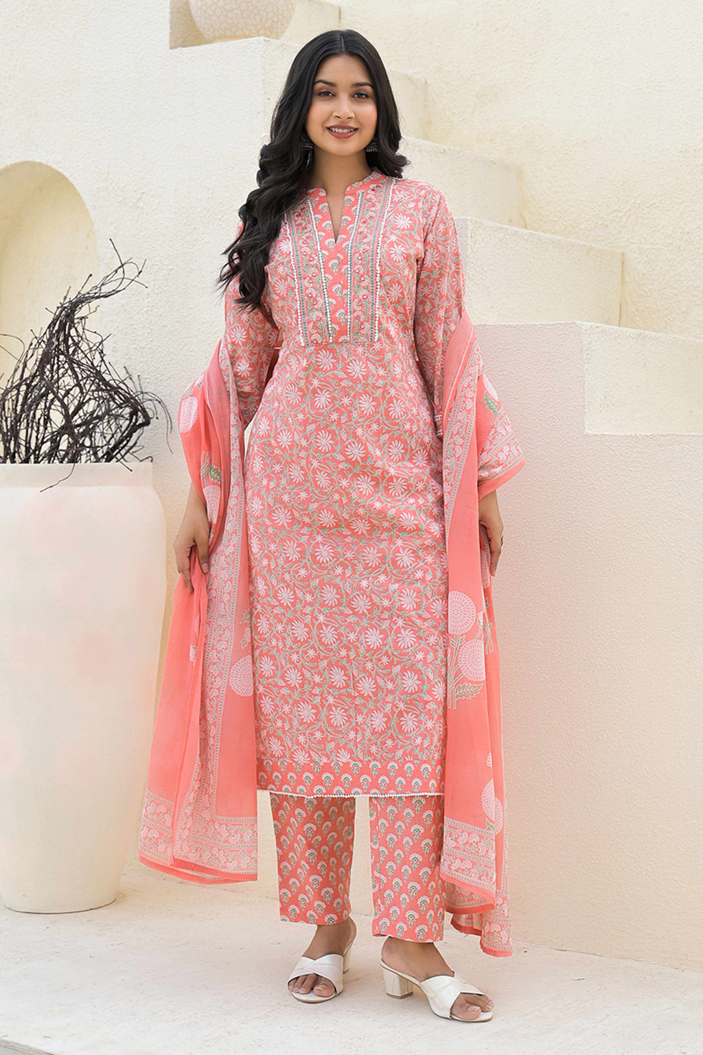 Gajari Pink Pure Cotton Straight Salwar Suit Adorned With Delicate Flo