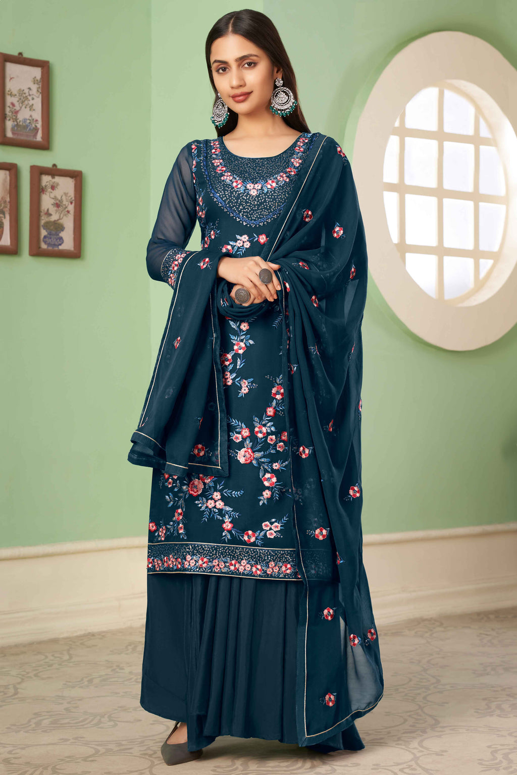 Blue Floral Sequins Embroidered Georgette Semi Stitched Suit