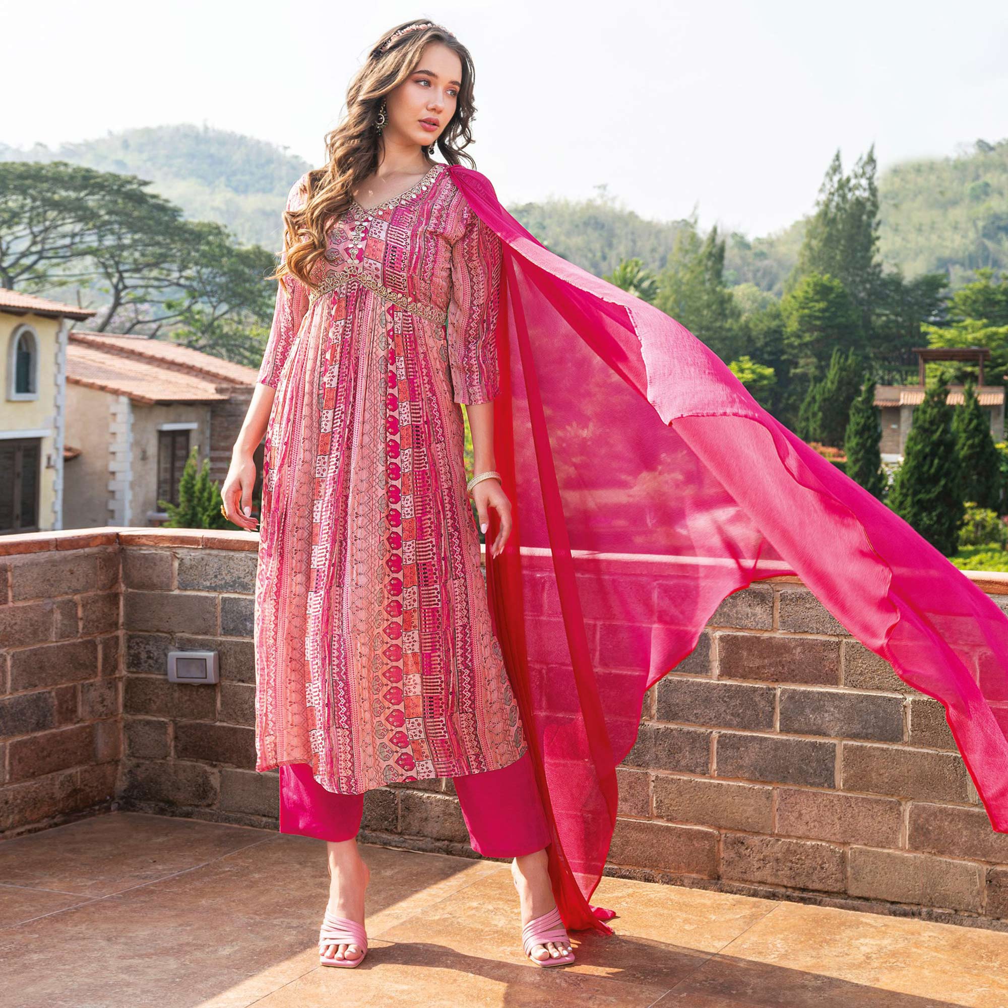 Gajari Pink Printed Chiffon Alia Cut Suit