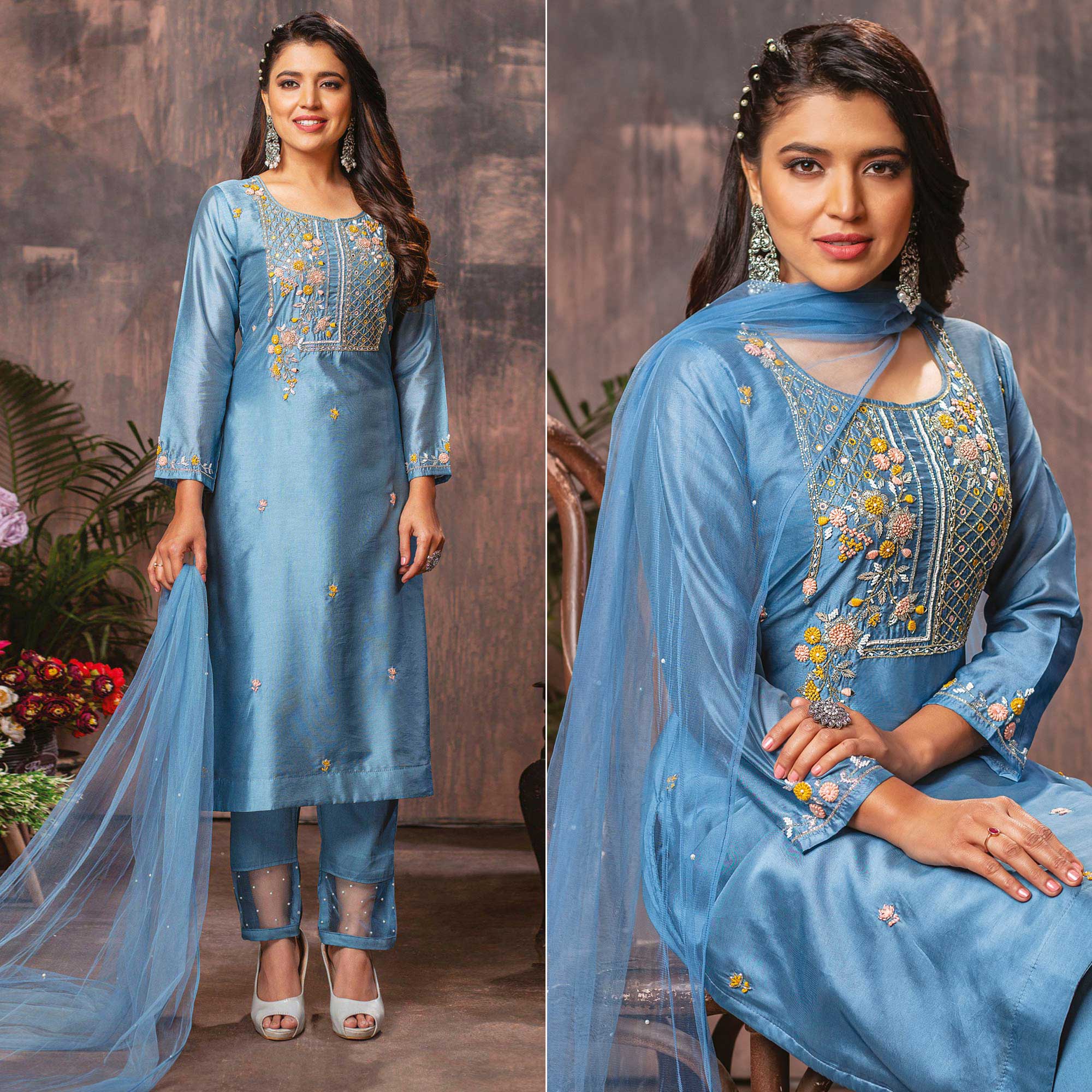 Sky Blue Floral Embroidered Chanderi Suit