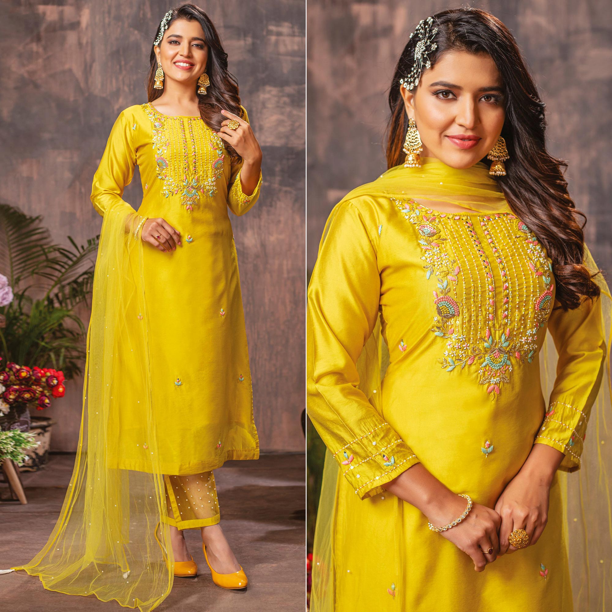Yellow Floral Embroidered Chanderi Suit