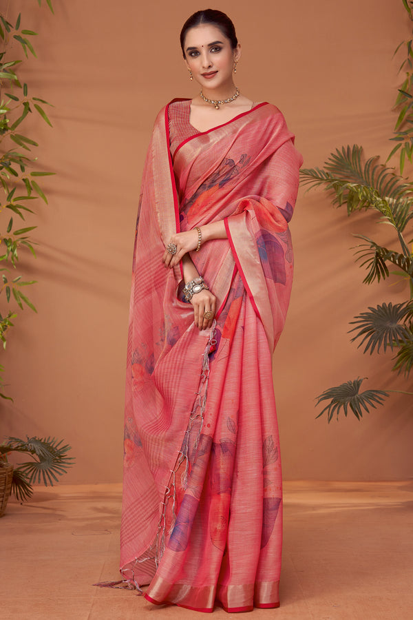 Pink Woven Floral Printed Linen Blend Saree with Soft Elegant Texture