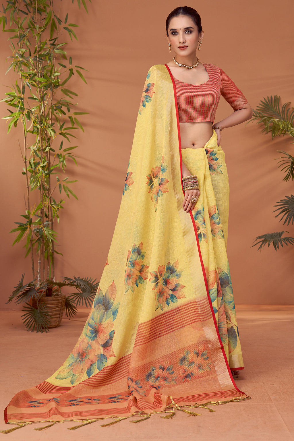 Yellow Woven Floral Printed Linen Blend Saree with Soft Elegant Textur