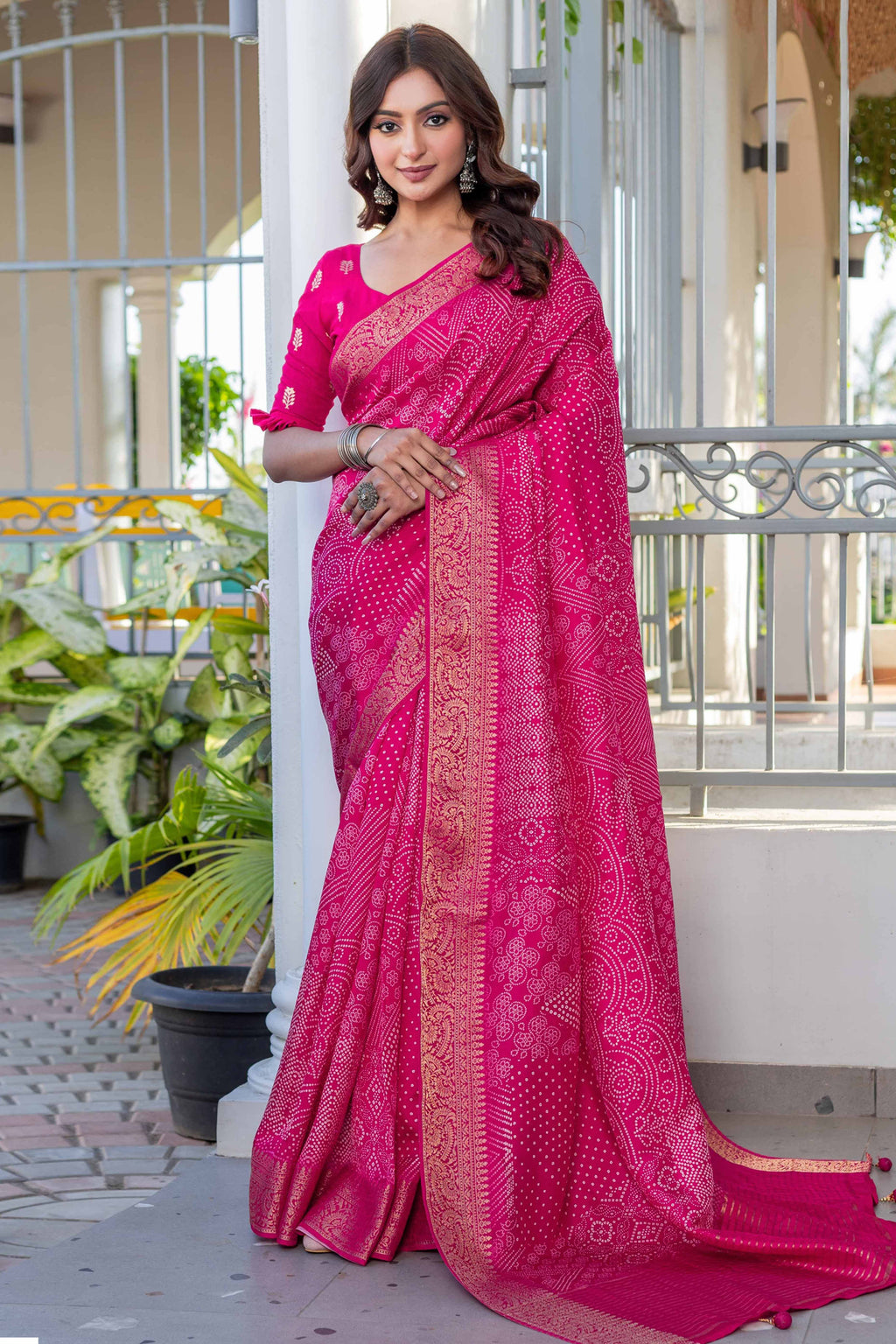 Pink Bandhani Print Saree in Lightweight Viscose with Ornate Zari Bord