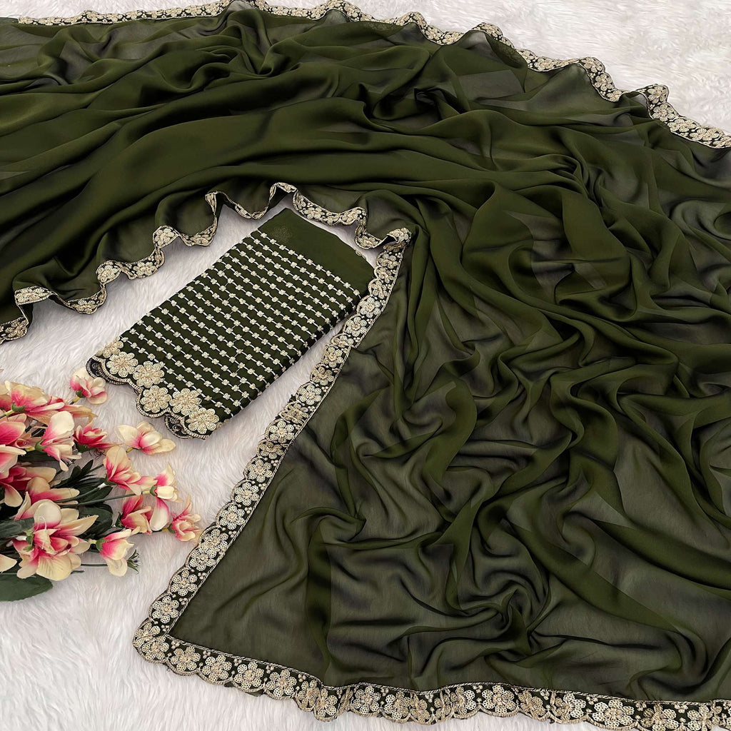 Mehendi Green Solid Rangoli Art Silk Saree With Sequins Embroidered Bo