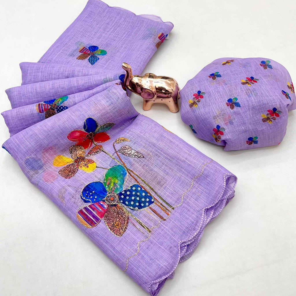 Lavender Linen Saree Featuring Floral Digital Print With Zari Outline