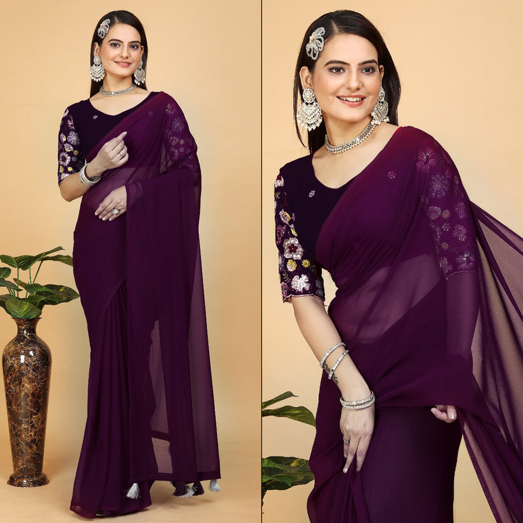 Purple Solid Georgette Saree With Tassels
