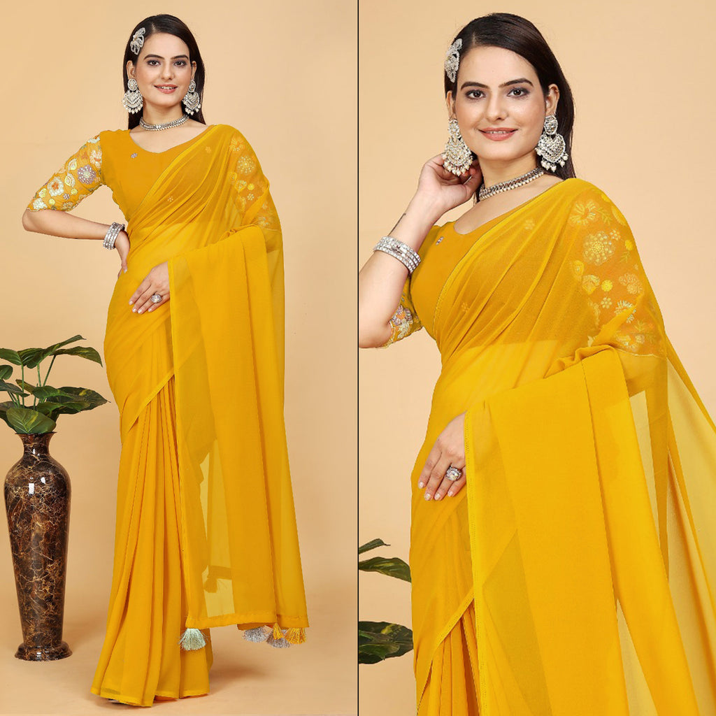 Yellow Solid Georgette Saree With Tassels