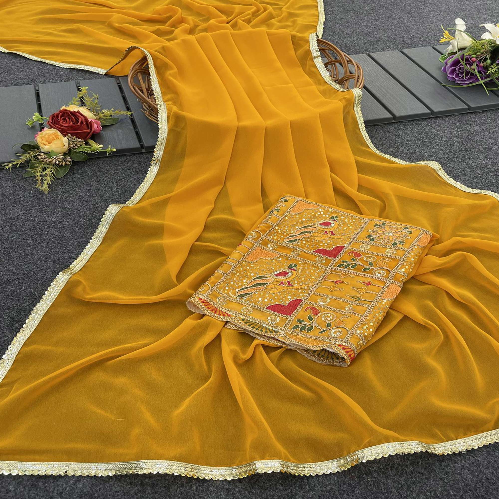 Mustard Solid Georgette Saree With Sequins Embroidered Border