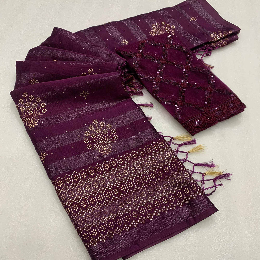 Wine Emboss Floral Foil Printed Moss Art Silk Saree