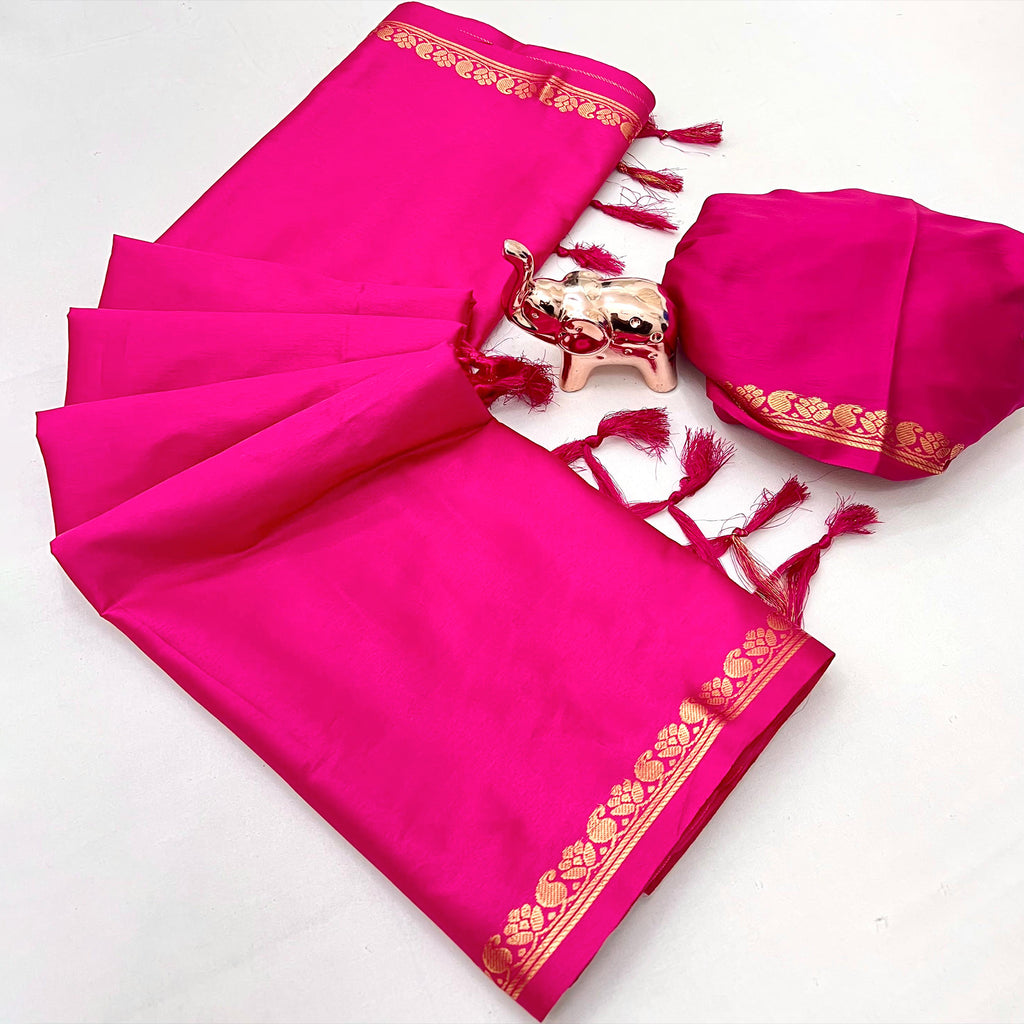 Classic Rani Pink Solid Weaving Mysore Silk Saree Accented With Floral