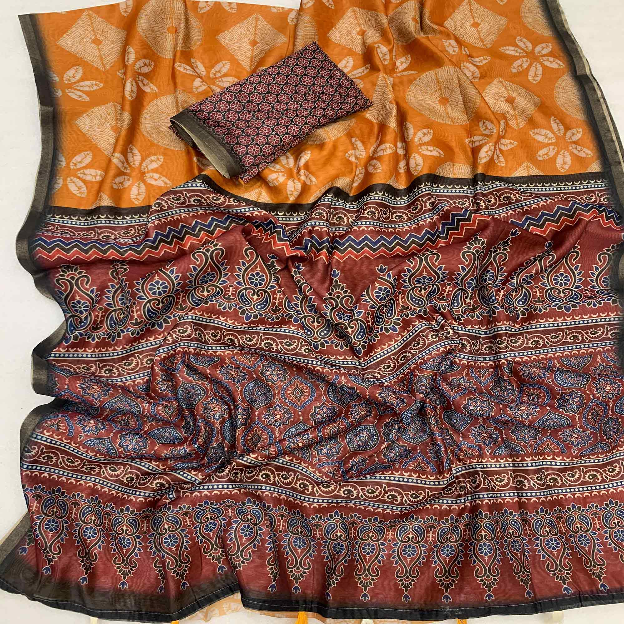 Mustard Ajrakh Printed Chanderi Saree With Zari Border