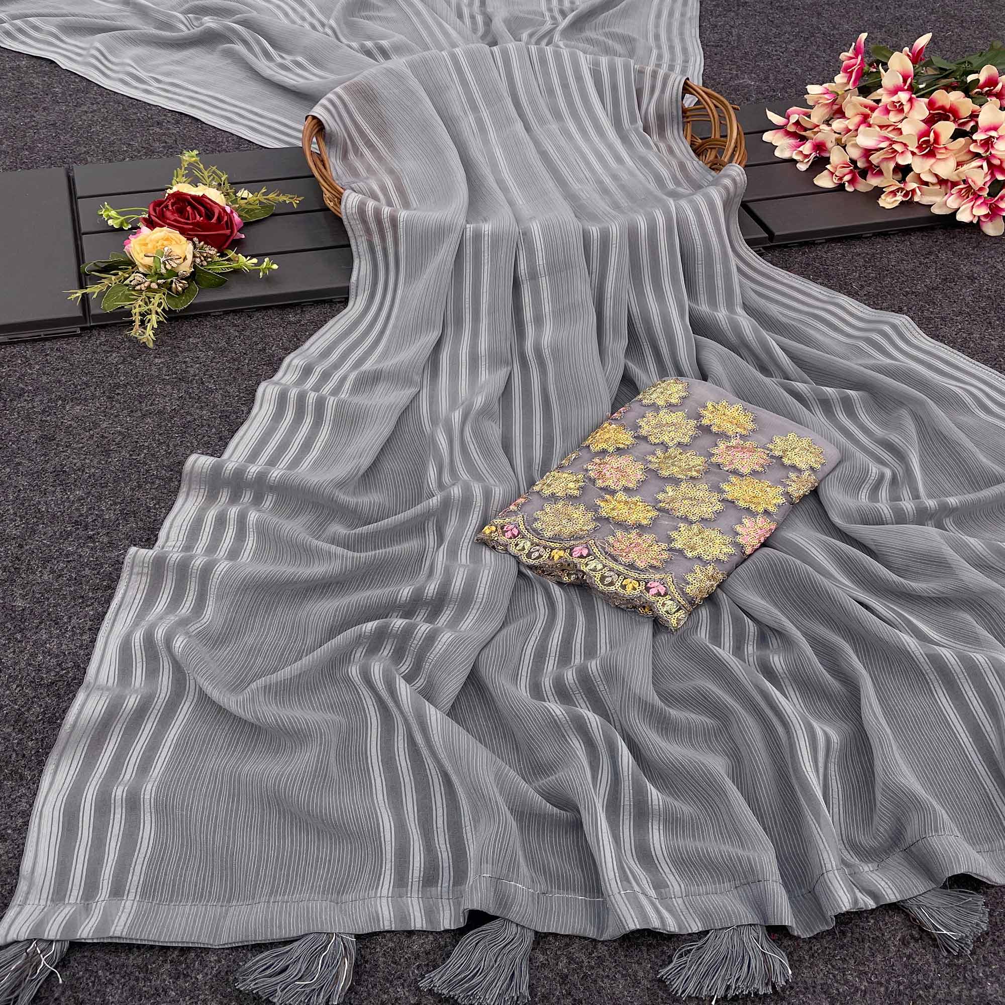 Grey Zari Striped Woven Georgette Saree