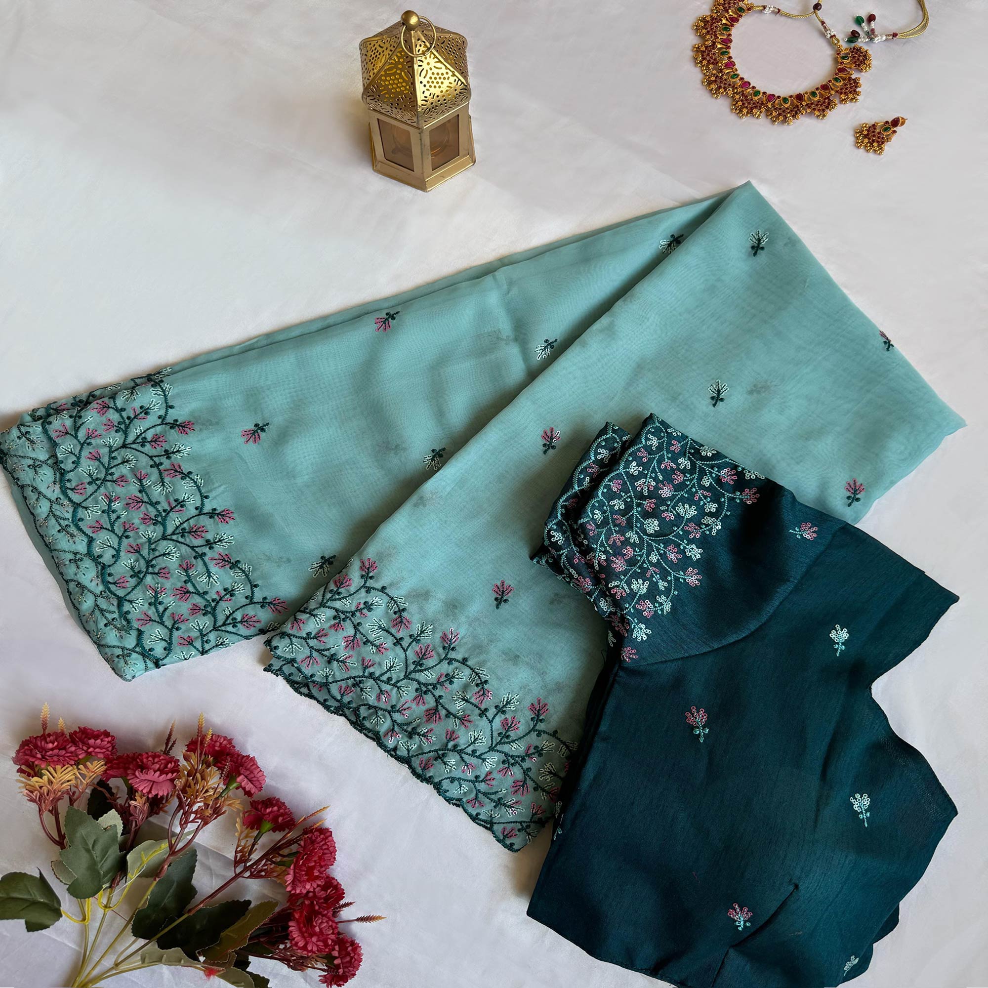 Turquoise Floral Embroidered Organza Saree
