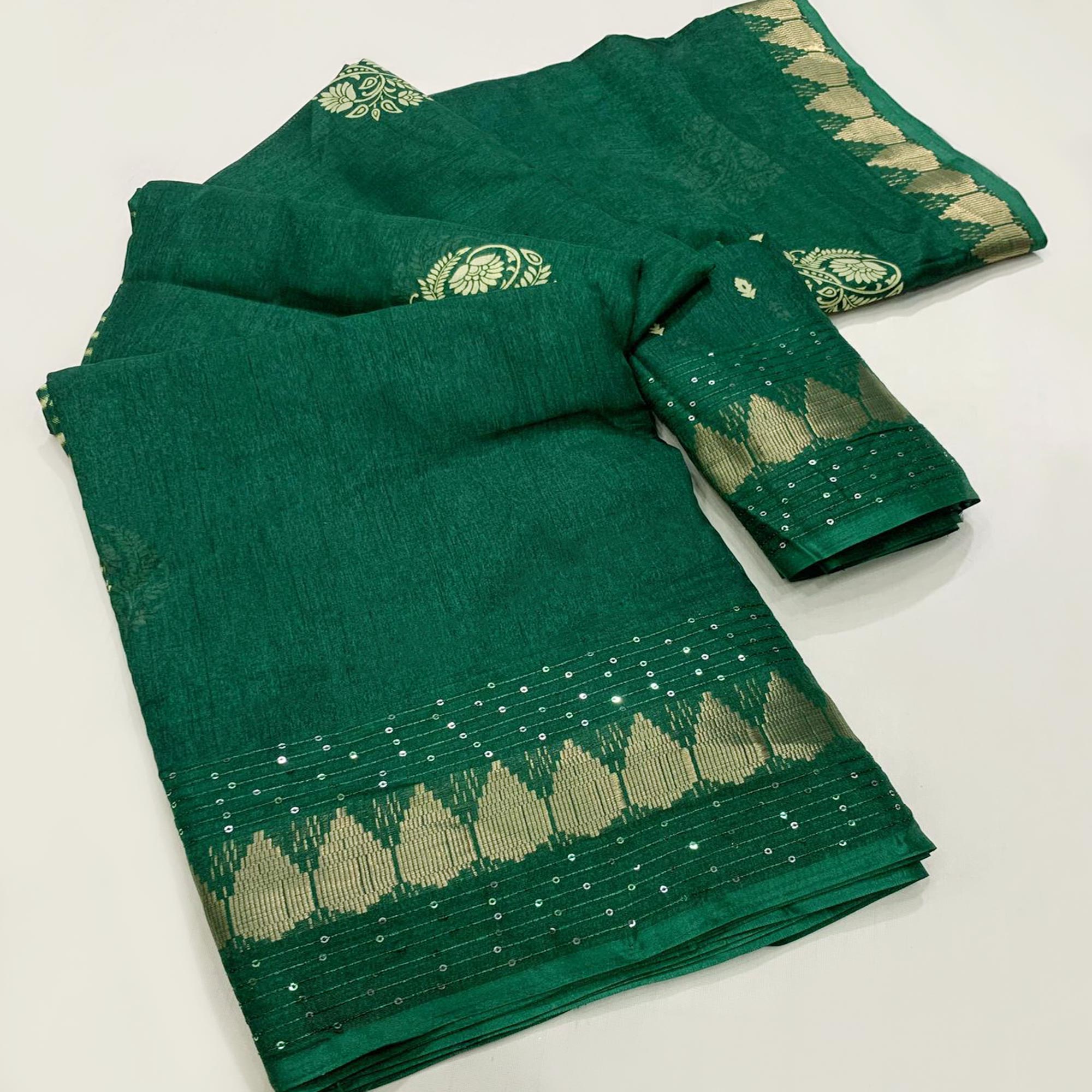 Green Floral Printed Dola Silk Saree With Sequins Border