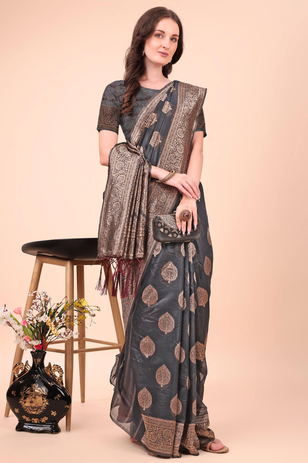 Black Cotton Blend Saree With Intricate Floral Zari Weaving & Elegant