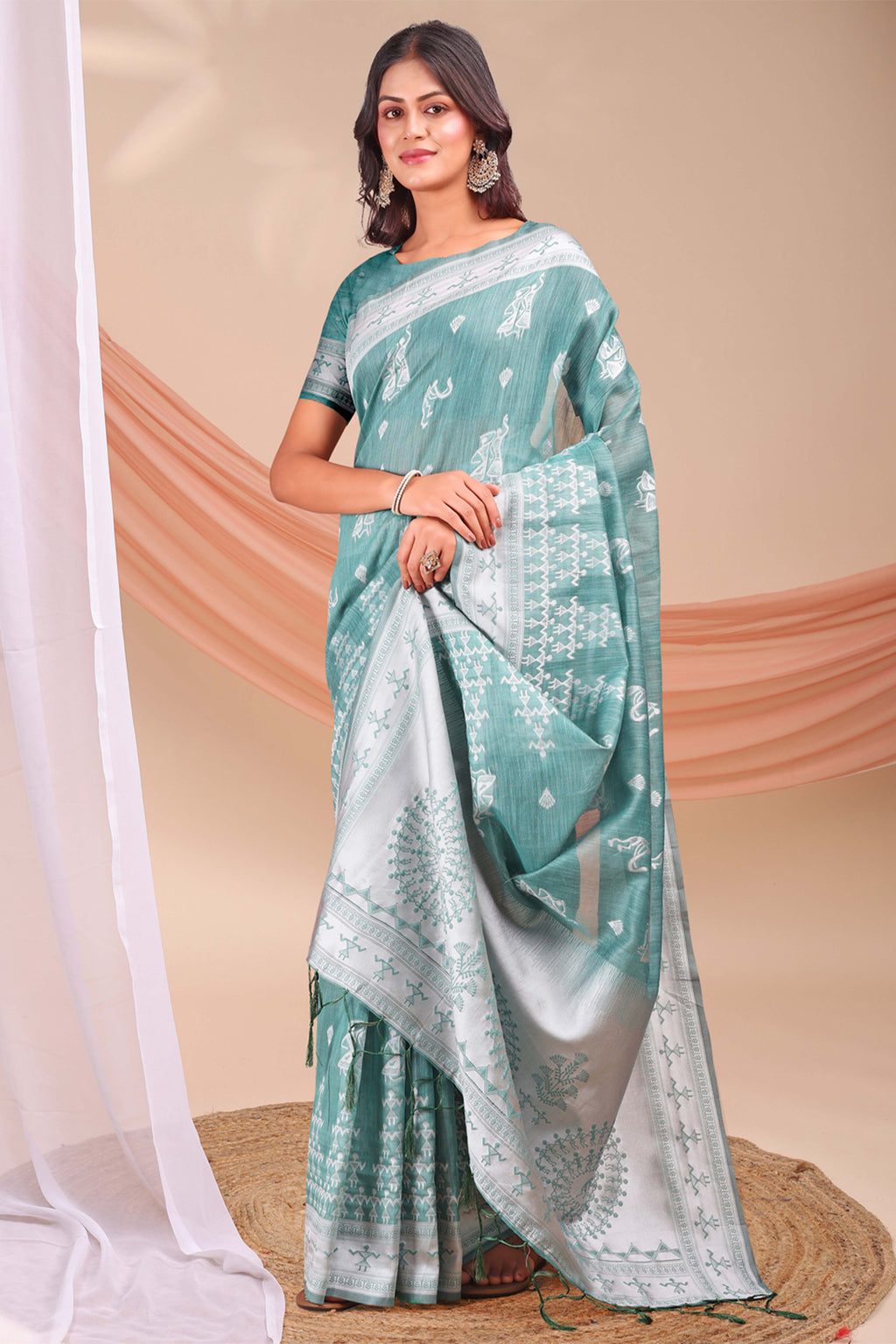 Sea Green Ethnic Saree in Soft Linen Cotton Fabric Featuring Warli Art