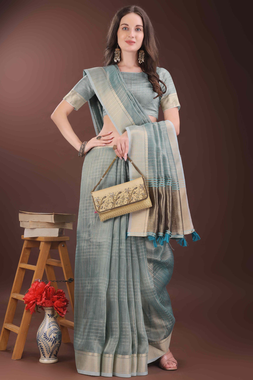 Blue Organza Saree With Zari Weaving Check Patterns & Elegant Tassel A