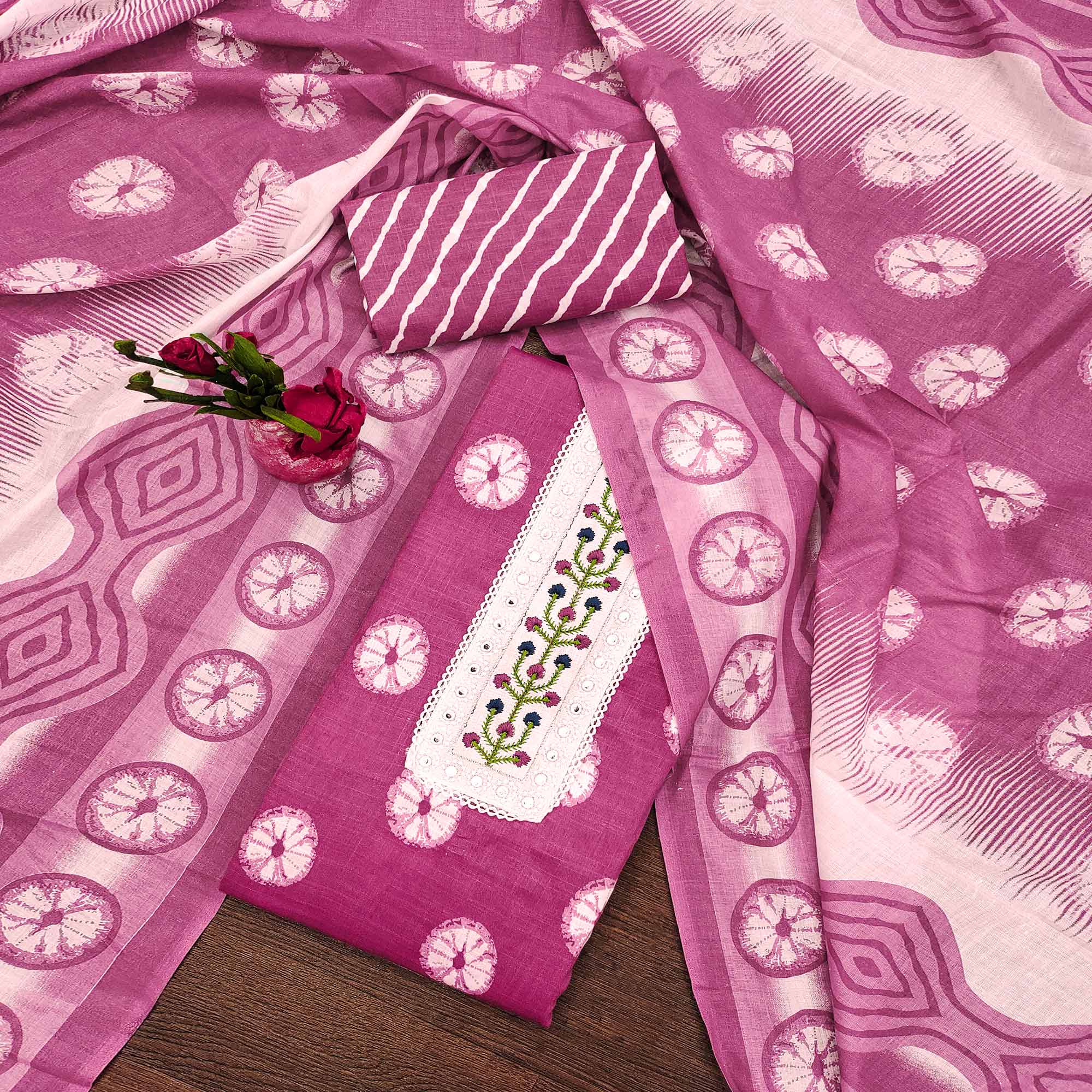 Purple Printed With Embroidered Cotton Blend Dress Material