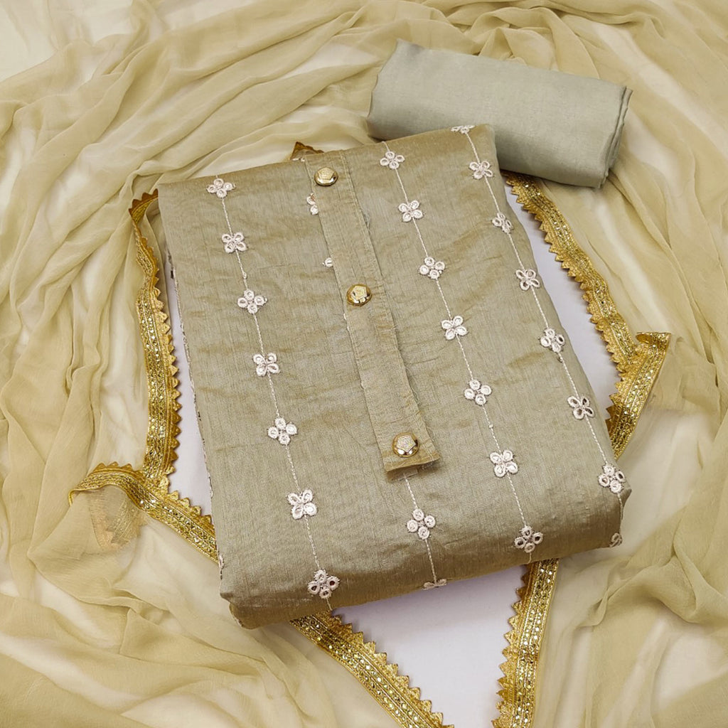 Chikoo Dress Material With Floral Embroidery & Traditional Gota Patti