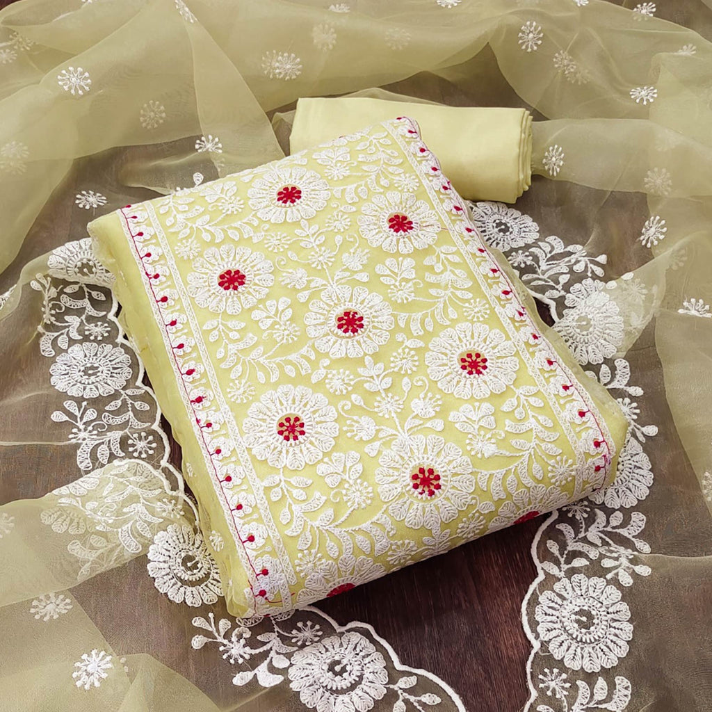 Light Yellow Organza Dress Material With Intricate Floral Thread Embro
