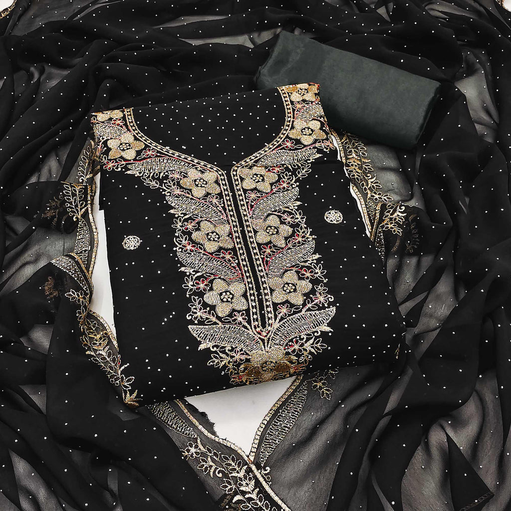 Black Georgette Dress Material With Luxurious Floral Zari Embroidery