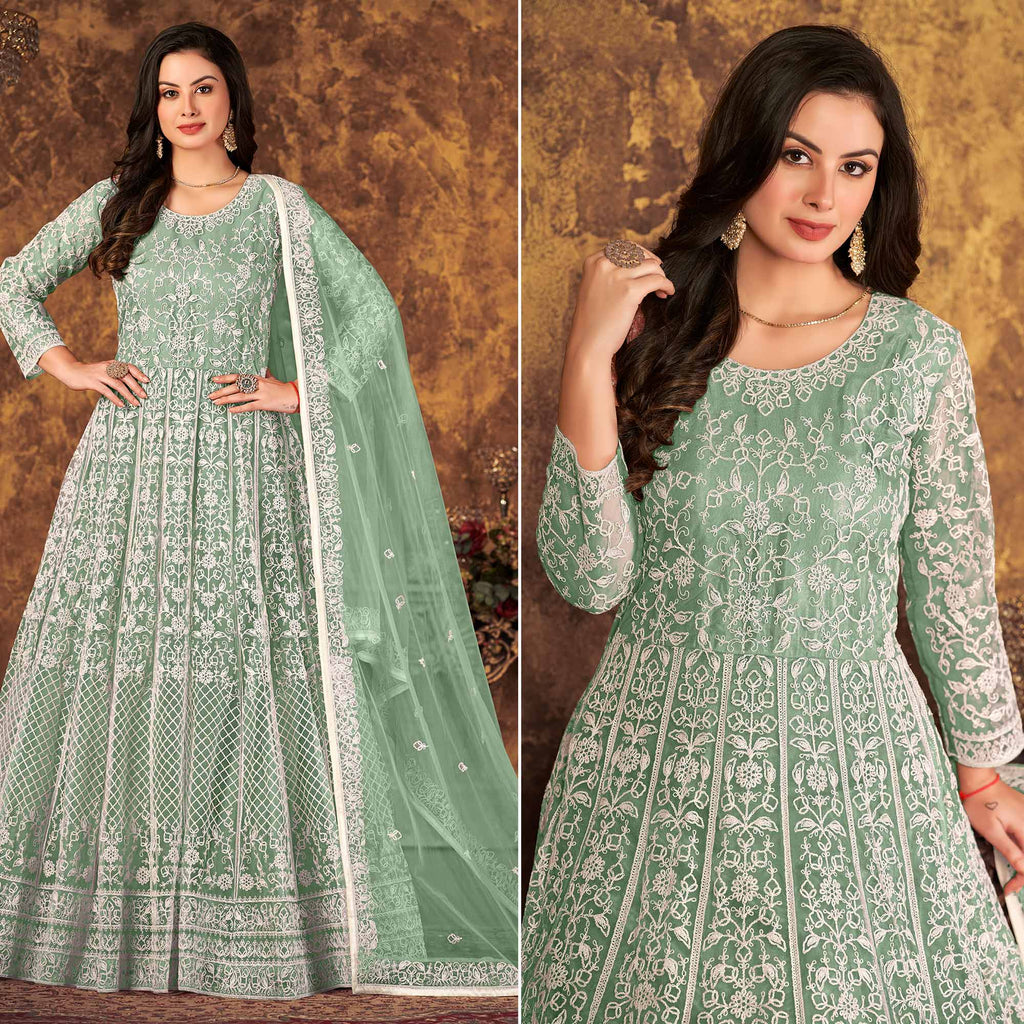 Green Floral Embroidered Net Semi Stitched Dress Material