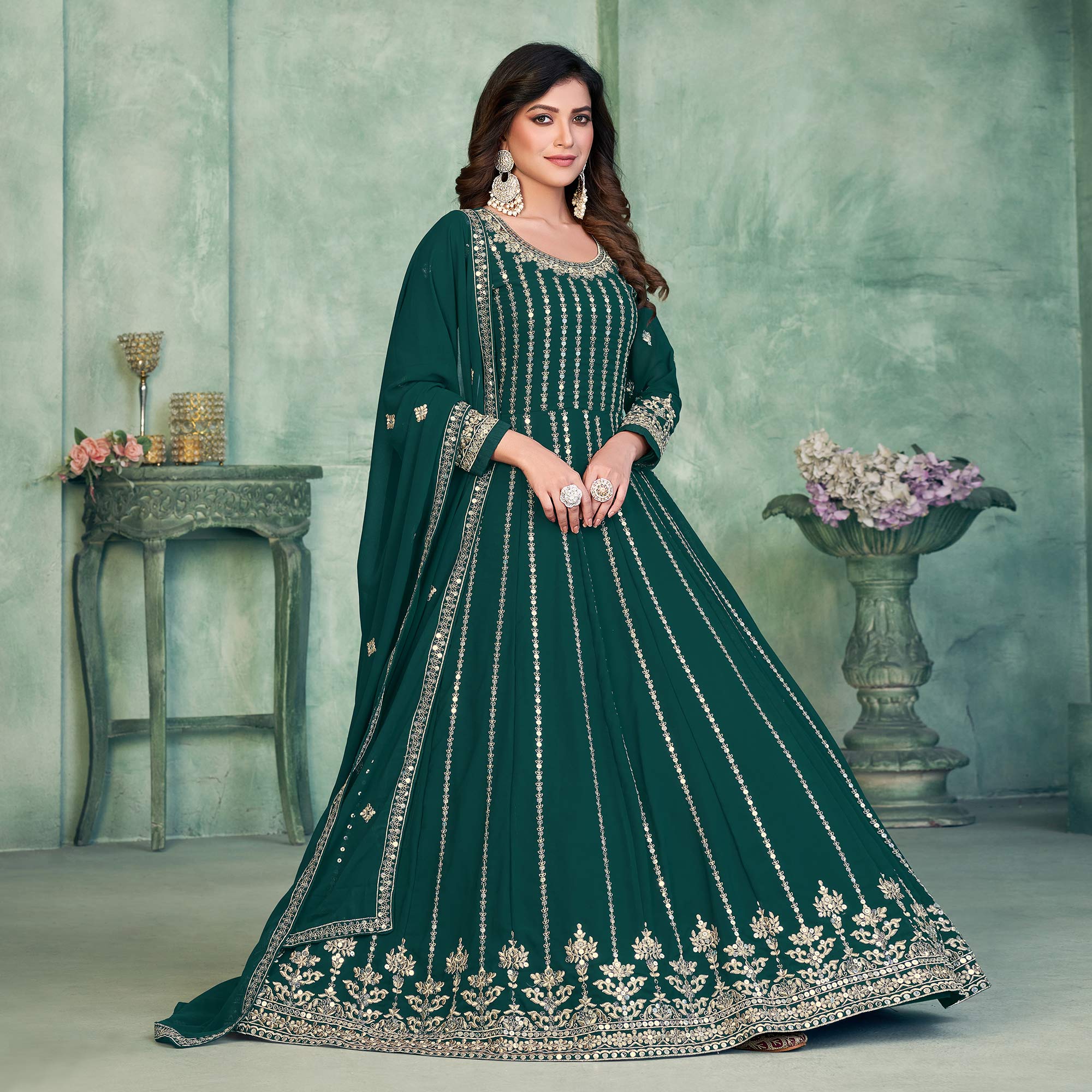 Rama Green Sequins Embroidered Georgette Anarkali Suit