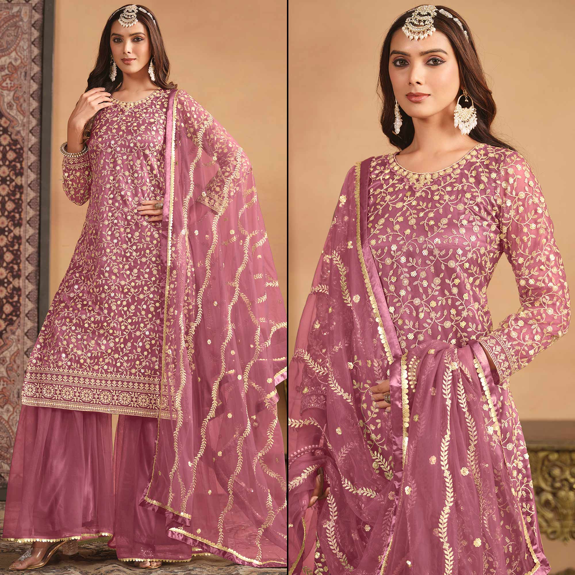Pink Floral Sequins Embroidered Georgette Semi Stitched Sharara Suit
