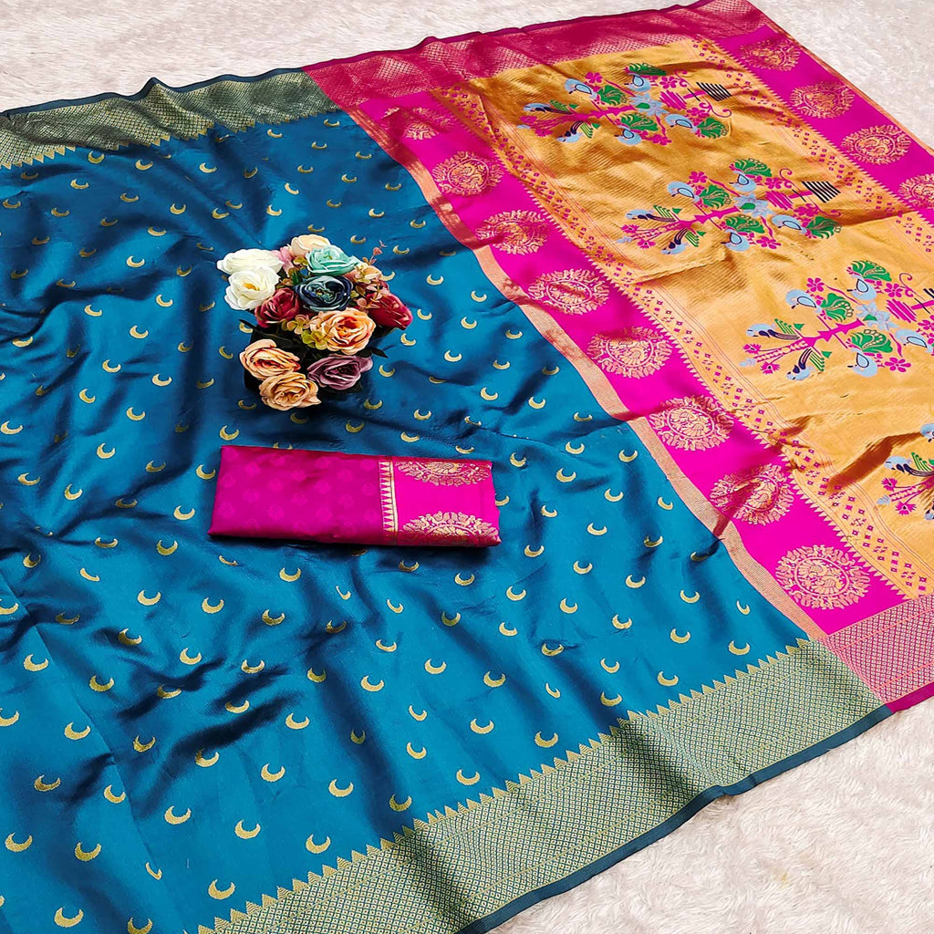 Blue Woven Pure Silk Chandrakor Paithani Saree