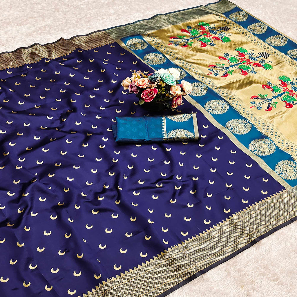 Navy Blue Woven Pure Silk Chandrakor Paithani Saree