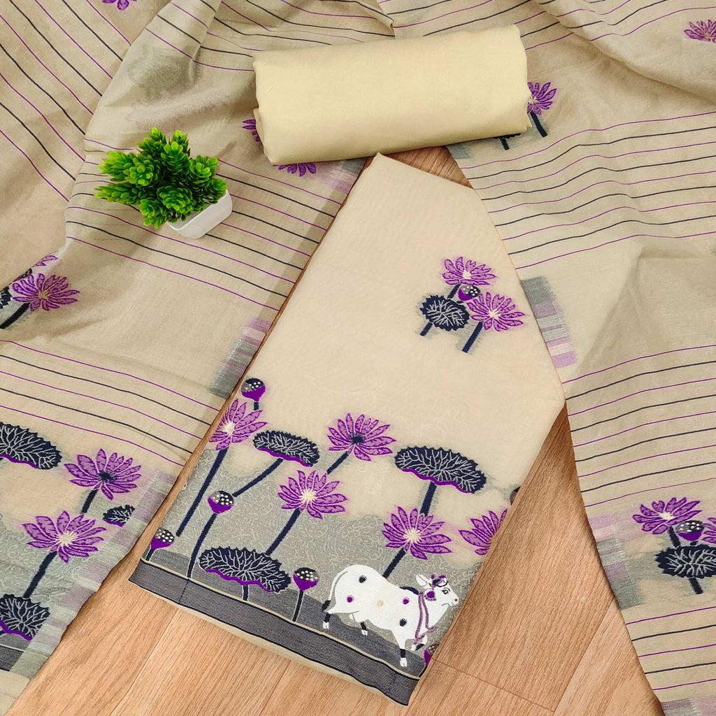 Chikoo Cotton Blend Dress Material With Intricate Floral Zari Weaving