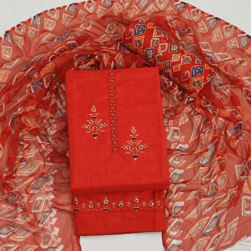 Red Floral Sequins Embroidered Pure Cotton Dress Material