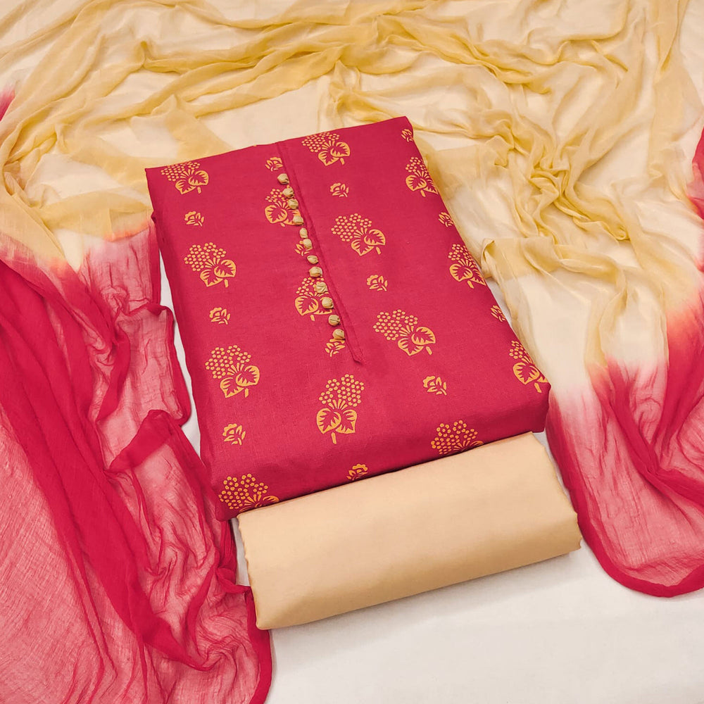 Pink Floral Foil Printed Cotton Blend Dress Material