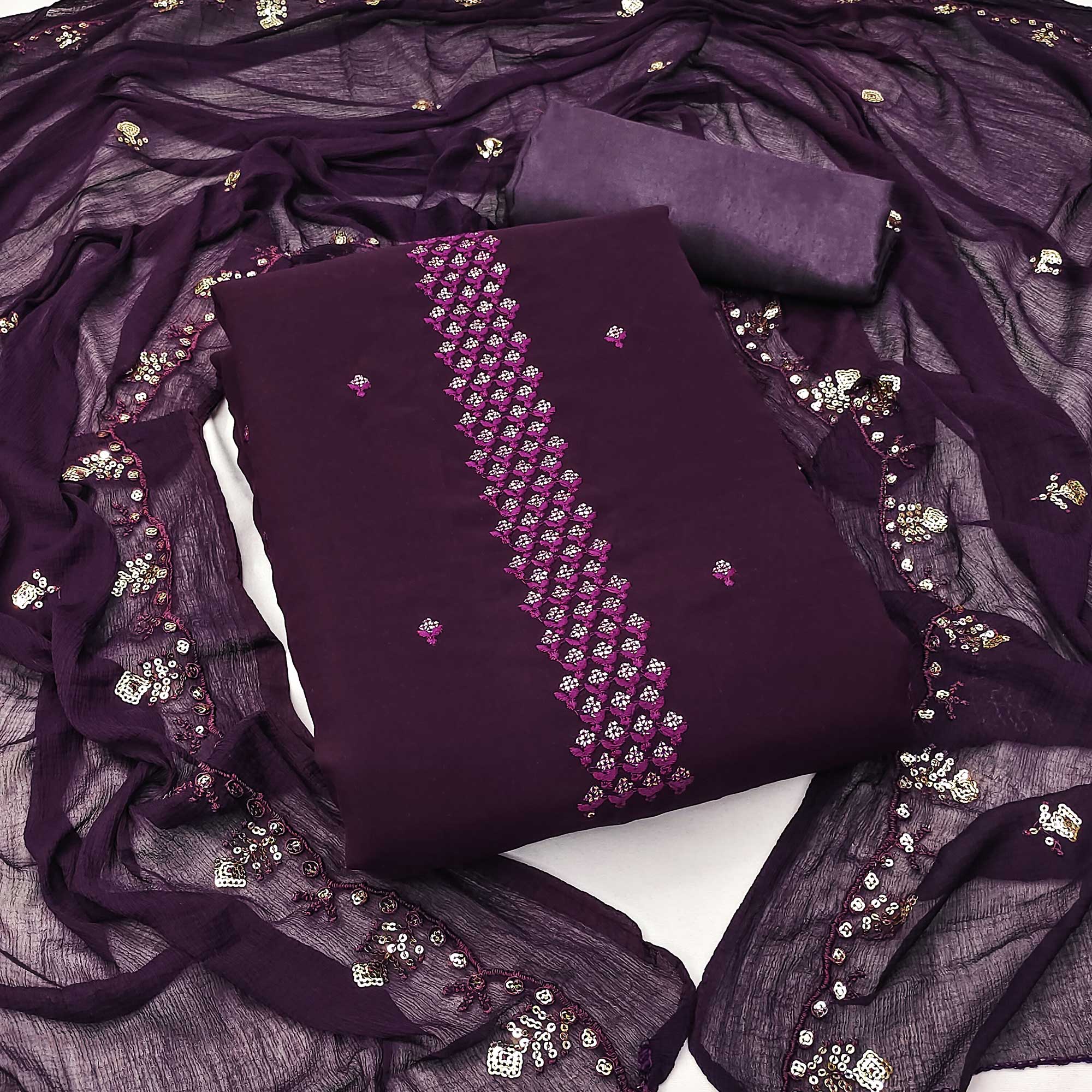 Purple Floral Sequins Embroidered Georgette Dress Material