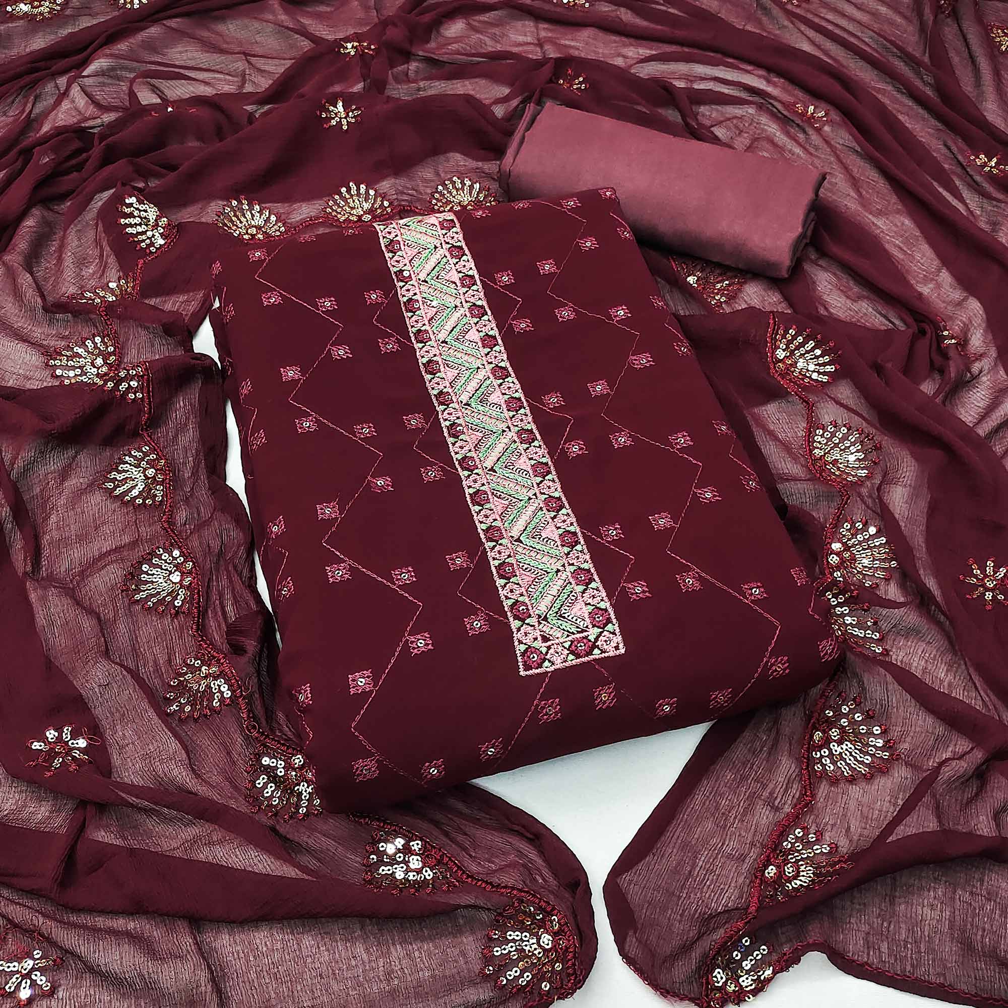 Maroon Sequins Embroidered Georgette Dress Material